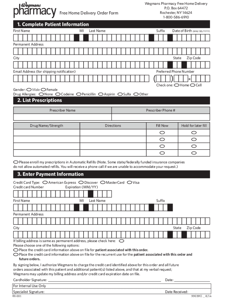 Fillable Online Wegmans RX Home Delivery Application Fax Email Print ...