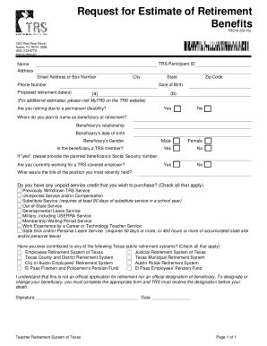 Fillable Online Request for Estimate of Retirement Benefits - TRS Fax ...
