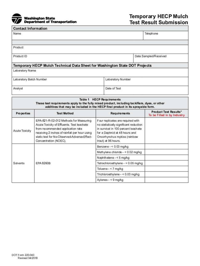 Fillable Online wsdot wa DOT Form 220-043 Temporary HECP Mulch Test ...