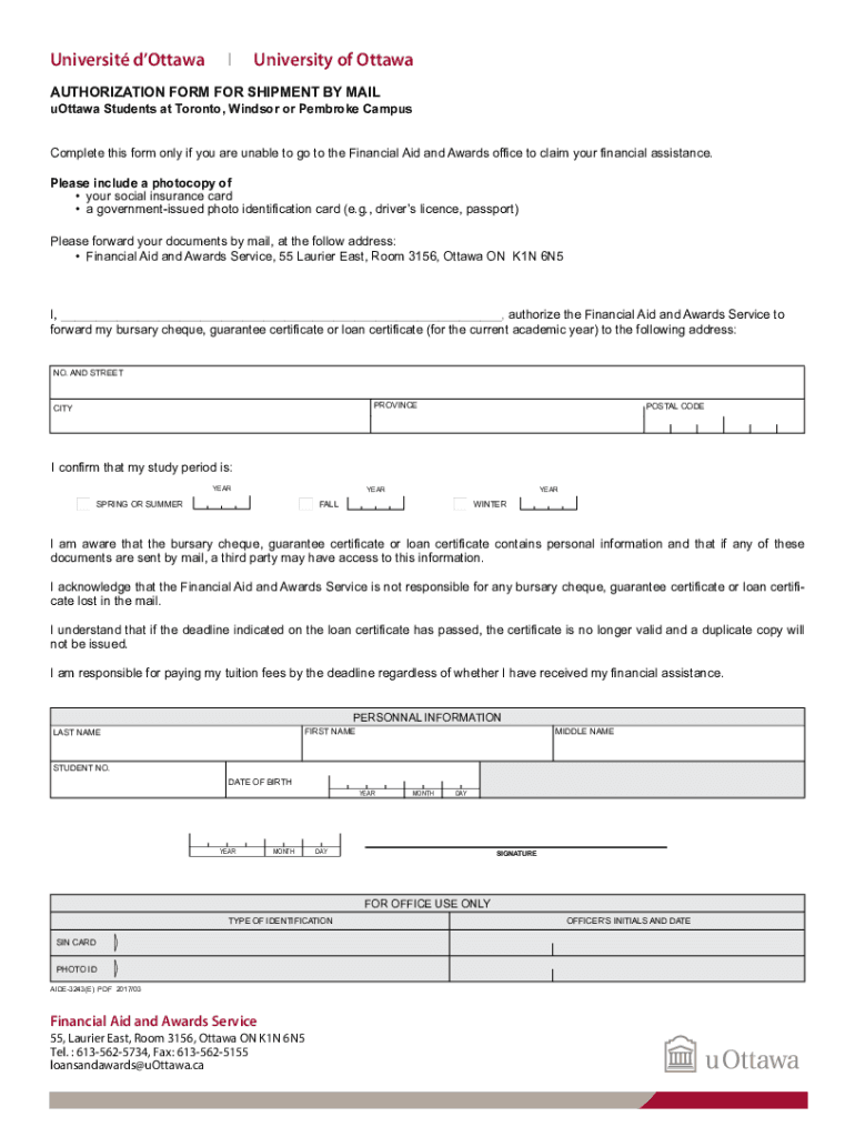 Fillable Online AUTHORIZATION FORM FOR SHIPMENT BY MAILAIDE-3243. AUTHORIZATION FORM FOR ...