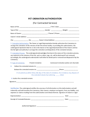 Fillable Online PET CREMATION AUTHORIZATION (For Contracted Services ...