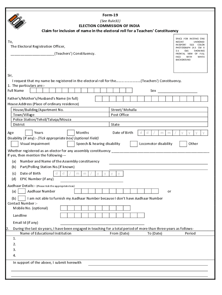 Fillable Online ceotelangana nic Form 19 - Claim for inclusion of name ...