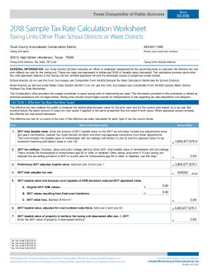 Fillable Online 2018 Sample Tax Rate Calculation Worksheet Taxing Units ...