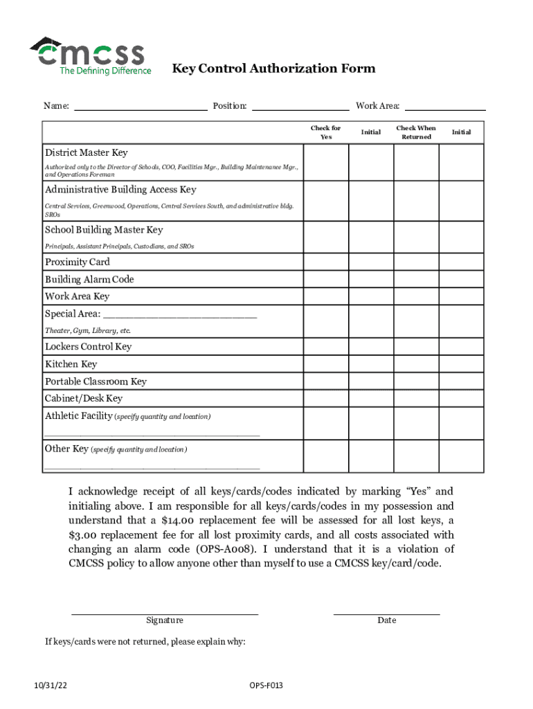 Fillable Online Key Control Authorization Form Fax Email Print - pdfFiller