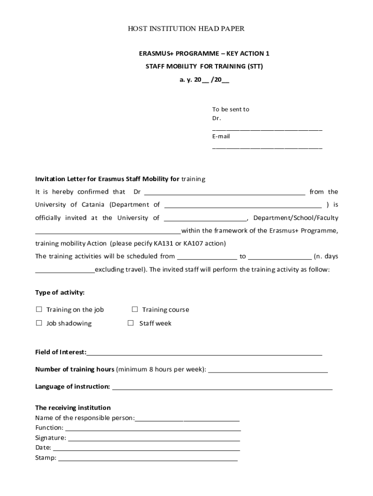 Fillable Online Invitation Letter for Erasmus Staff Mobility for ...
