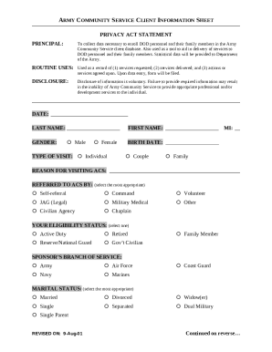 ARMY COMMUNITY SERVICE CLIENT INATION SHEET Doc Template | pdfFiller