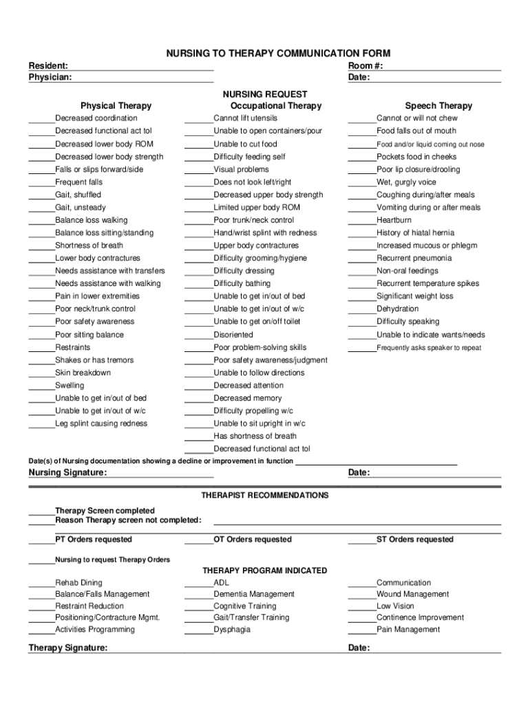 Fillable Online NURSING TO THERAPY COMMUNICATION FORM Fax Email Print ...