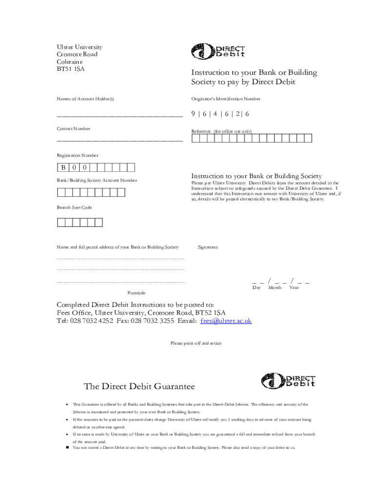 Fillable Online Fillable Online ulster ac Direct Debit Instruction Fax ...