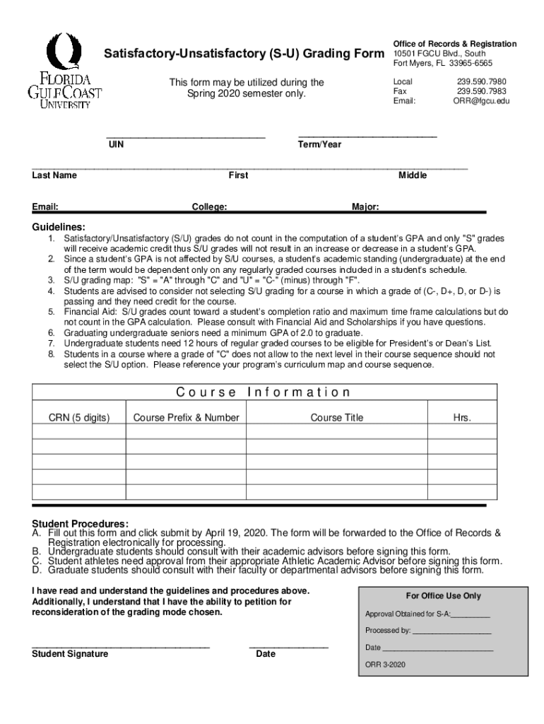 Fillable Online Satisfactory-Unsatisfactory (S-U) Grading Form Course ...