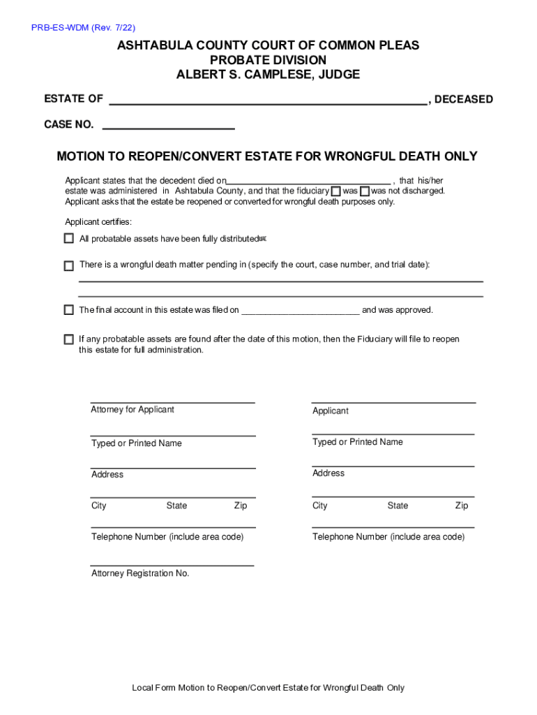 Fillable Online Probate Court General Information - Ashtabula County ...