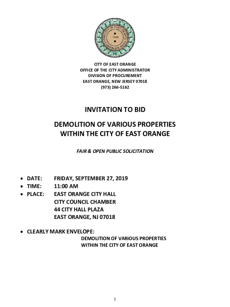 Fillable Online INVITATION TO BID DEMOLITION OF VARIOUS PROPERTIES ...