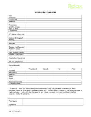 Fillable Online Relax Holistic Therapy - CONSULTATION FORM Fax Email ...
