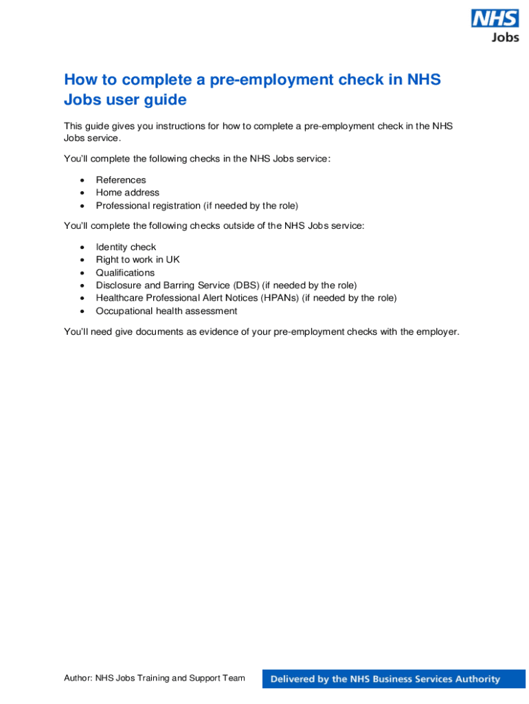 Fillable Online How to complete a pre-employment check in NHS Jobs ...