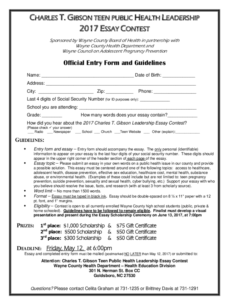 Fillable Online Public health essay contest open to teen contestants ...