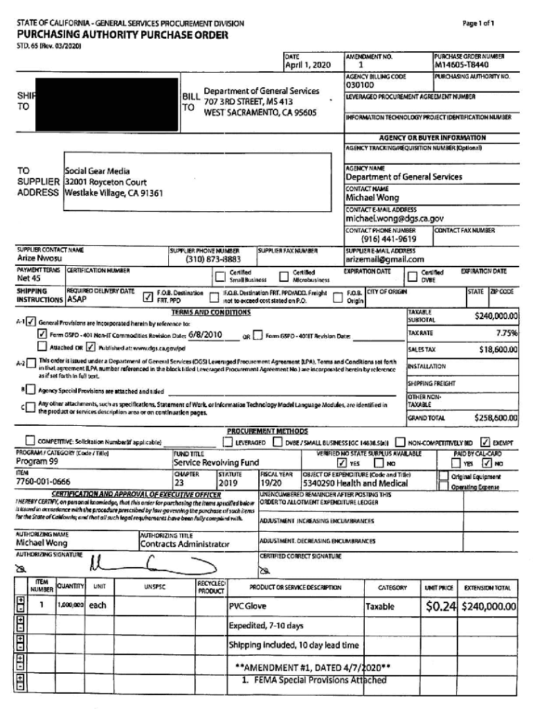 Fillable Online Fillable Purchasing Authority Purchase Order - STD 065 ...