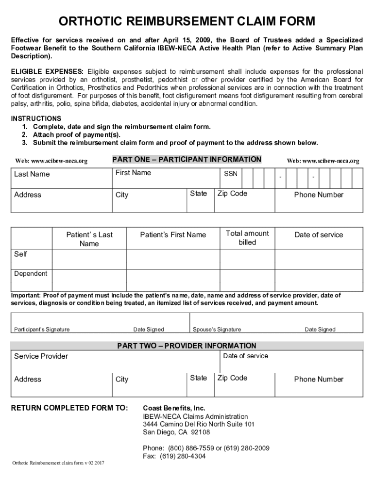 Fillable Online ORTHOTIC REIMBURSEMENT CLAIM FORM Fax Email Print ...