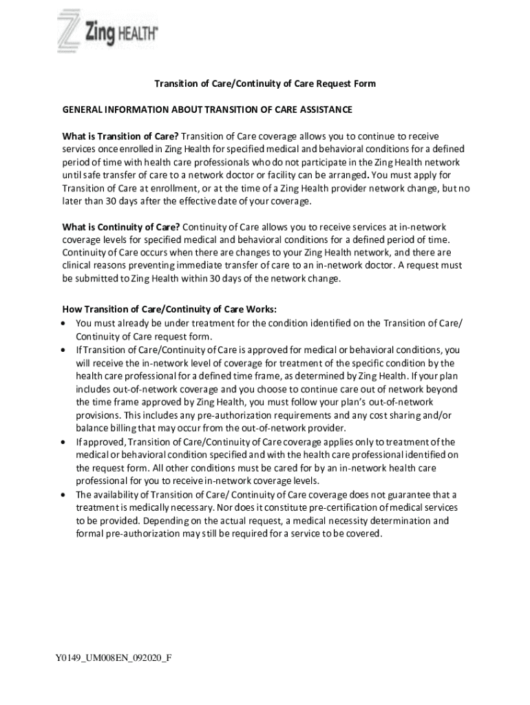 Fillable Online Continuity of Care/Transition of Care Request Form ...