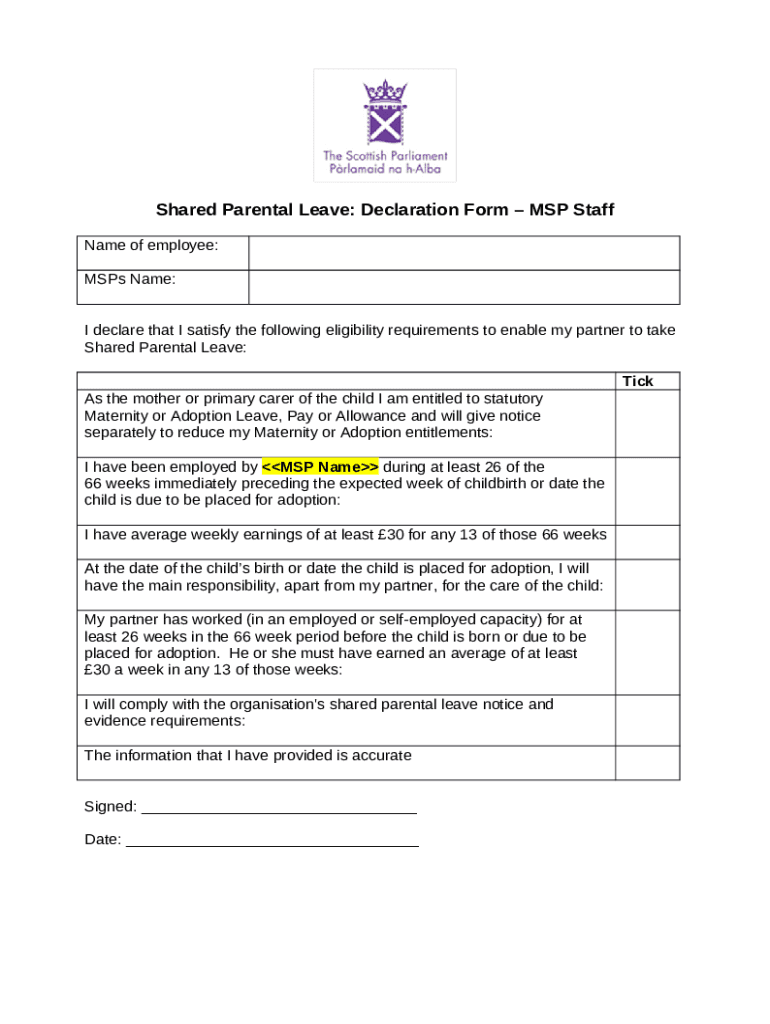 Declaration Mother - MSP staff Doc Template | pdfFiller