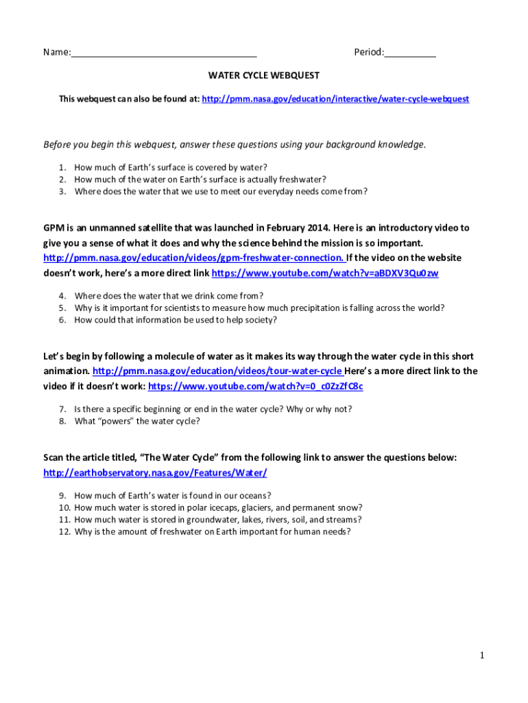 Fillable Online Water Cycle WebquestScience Mission Directorate Fax ...