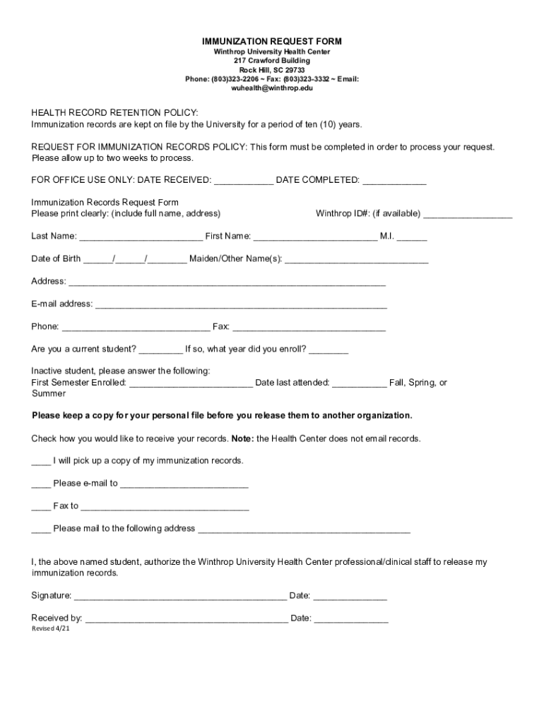 Fillable Online IMMUNIZATION REQUEST FORM HEALTH RECORD ... Fax Email ...
