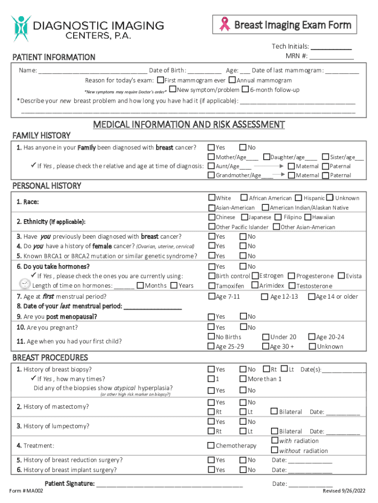 Fillable Online Breast Imaging Exam Form - Mobile Mammography Fax Email Print - pdfFiller