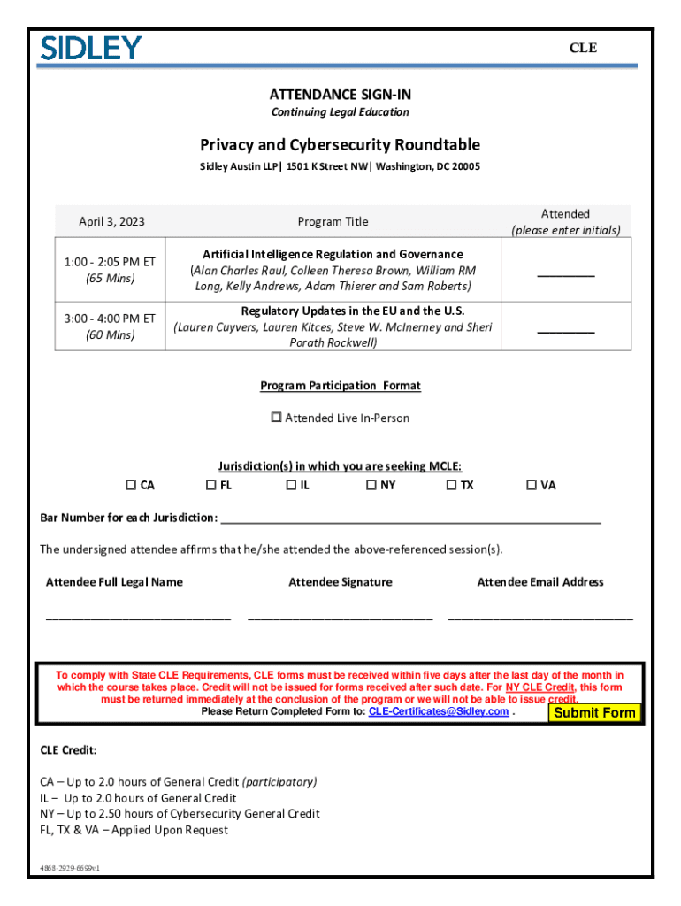 Fillable Online Privacy and Cybersecurity Roundtable 2023 CLE Form Fax ...