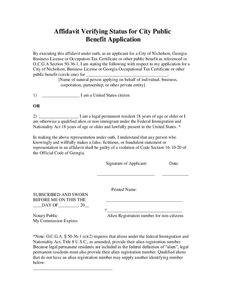 Fillable Online affidavit verifiing status for city public benefit application Fax Email Print ...
