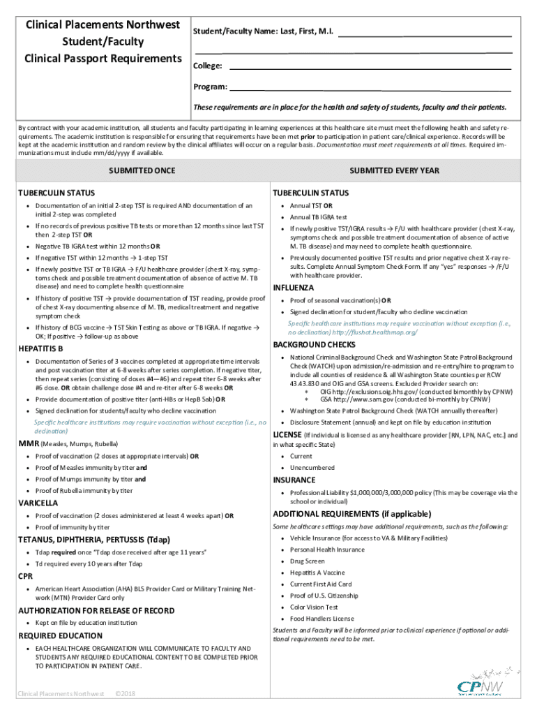 Fillable Online Clinical Placements Northwest Student/Faculty Clinical ...