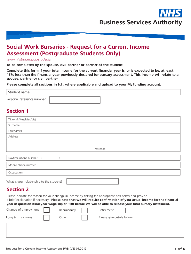 Fillable Online Social Work Bursaries - Request for a Current Income ...