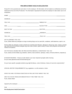 Pre-Employment Health Declaration Doc Template | pdfFiller