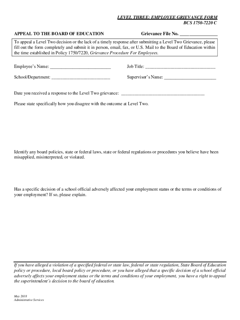 Fillable Online Level Three: Employee Grievance Form BCS 1750-7220 C ...