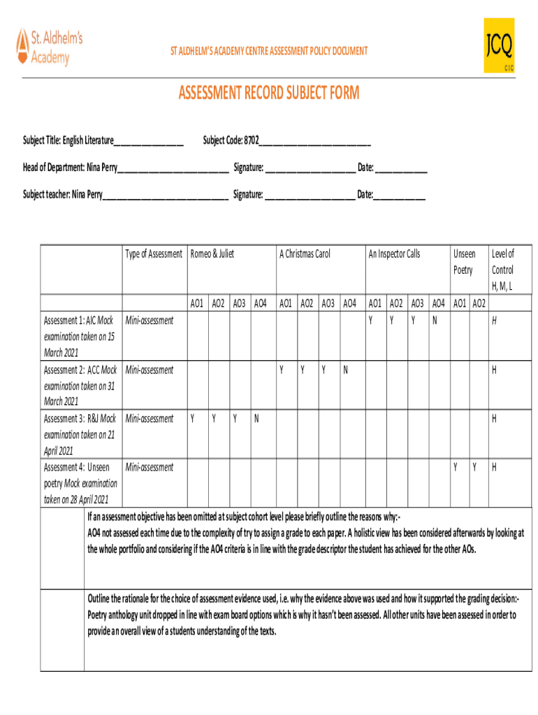 Fillable Online ASSESSMENT RECORD SUBJECT FORM Fax Email Print - pdfFiller