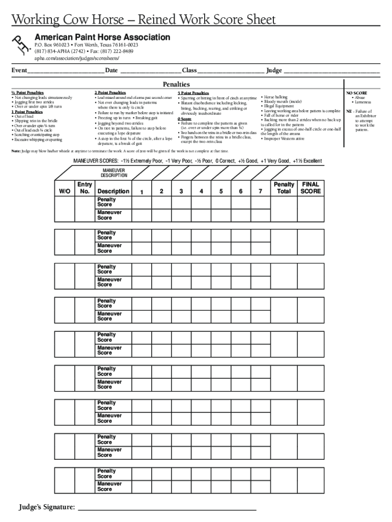 Fillable Online WORKING COW HORSE REINED WORK SCORE SHEET ... Fax Email ...