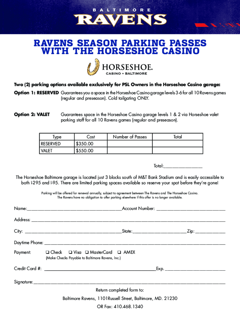 Fillable Online RAVENS SEASON PARKING PASSES WITH THE HORSESHOE ... Fax ...