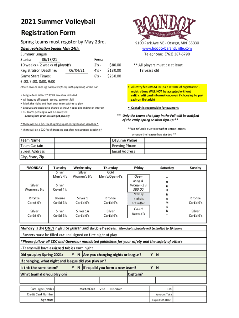 Fillable Online 2021 Summer Volleyball - Registration Form Fax Email ...