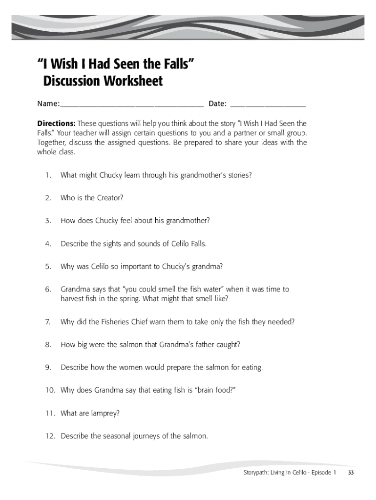 Fillable Online I Wish I Had Seen the Falls Discussion Worksheet Fax ...