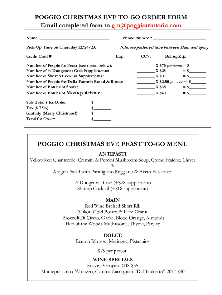 Fillable Online POGGIO CHRISTMAS EVE TO-GO ORDER FORM Fax Email Print ...