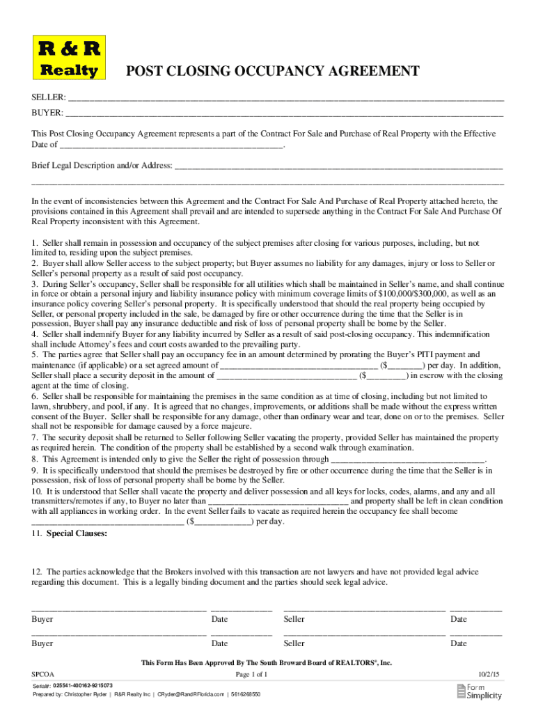Fillable Online AGREEMENT TO OCCUPY AFTER CLOSING, Page 1 of 4 Fax ...