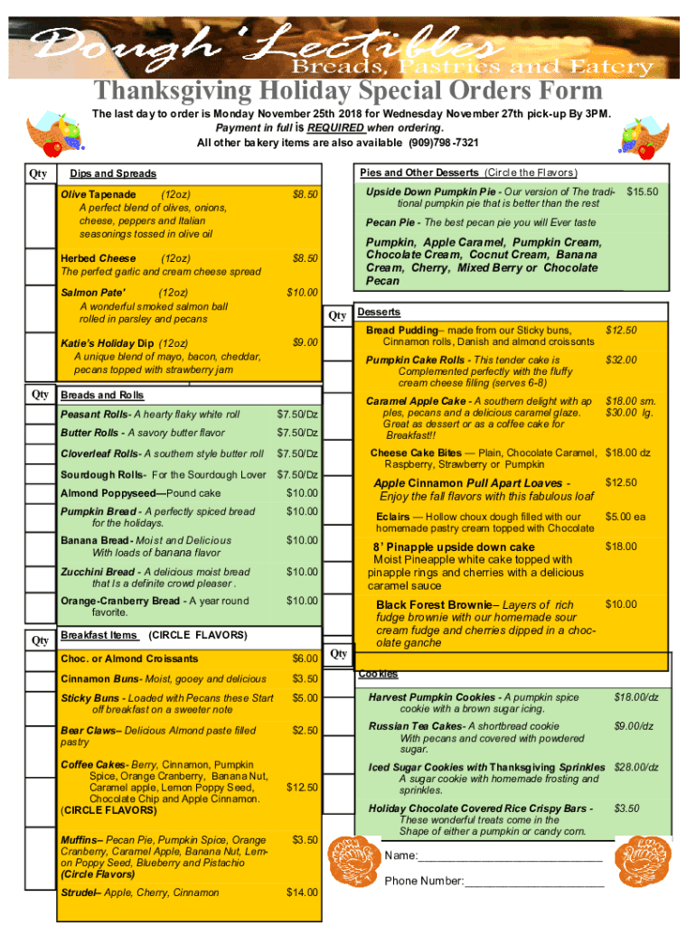 Fillable Online Thanksgiving Holiday Special Orders Form Fax Email ...