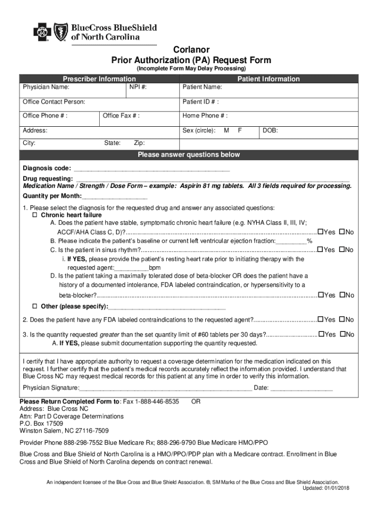 Fillable Online Request for Prior Authorization IVABRADINE (CORLANOR ...