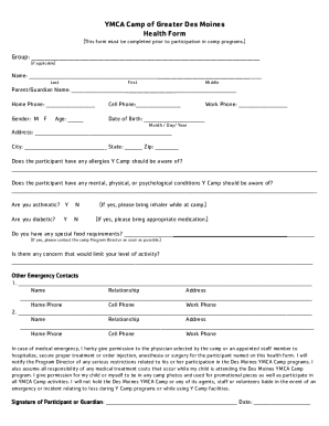 Fillable Online YMCA Health History Form - S.T.A.R. Camp Fax Email ...