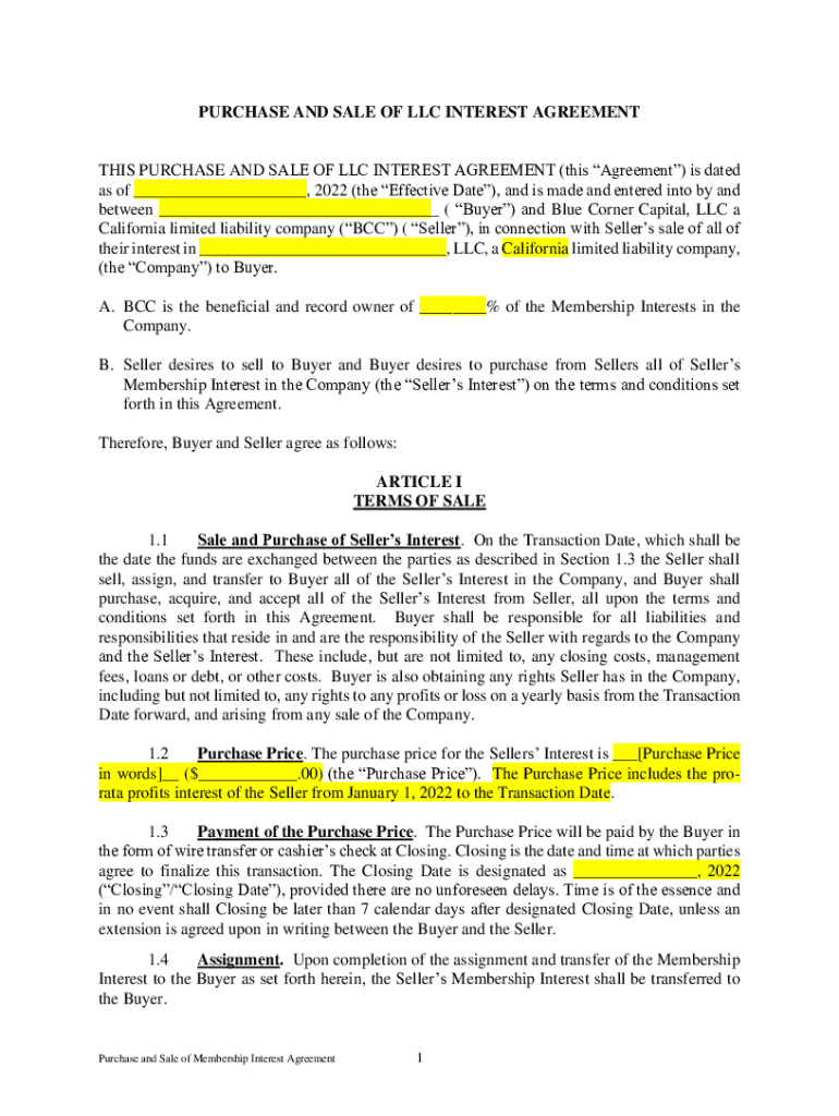 Fillable Online PURCHASE AND SALE OF LLC INTEREST AGREEMENT THIS ...