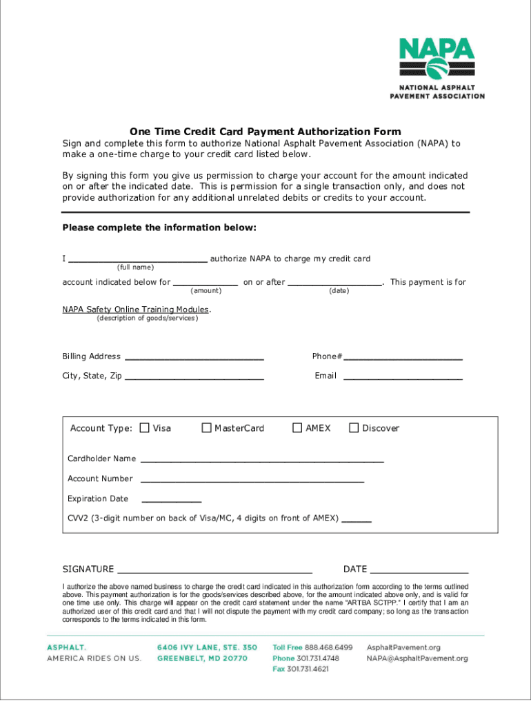 Fillable Online Free One (1) Time Credit Card Payment Authorization ...