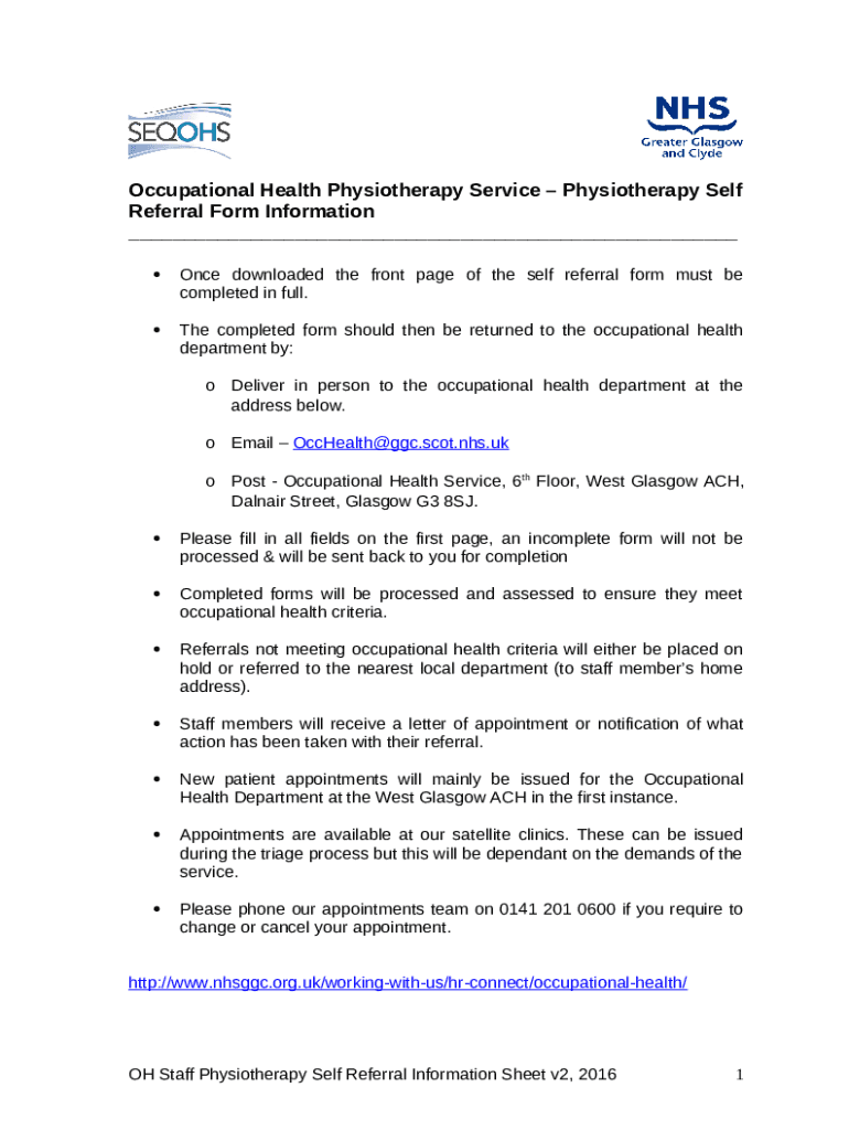 Occupational HealthPhysiotherapy self referral ination Doc Template ...