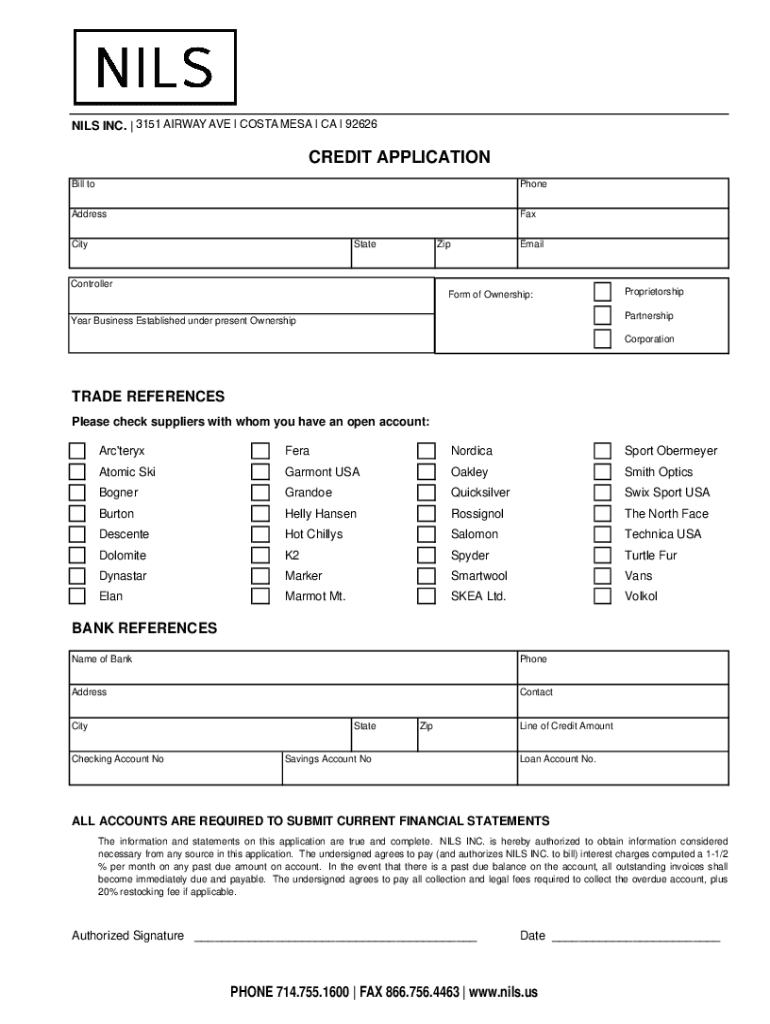 Fillable Online Credit Application NILS.XLS Fax Email Print - pdfFiller