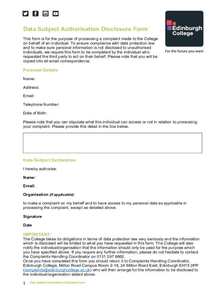 Fillable Online Cause for Consideration/Complaints - Data Subject Authorisation Disclosure Form ...