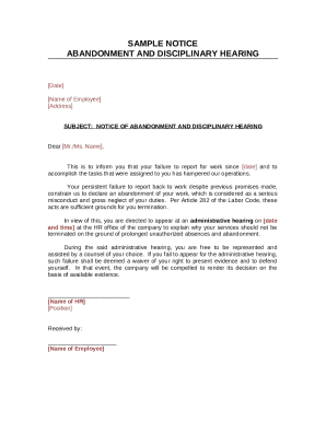 Notice of Abandonment and Disciplinary Hearing. Sample Notice of ...