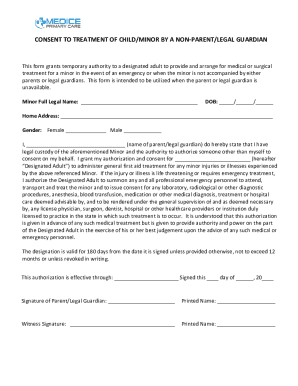Fillable Online CONSENT TO TREATMENT OF CHILD/MINOR BY A NON-PARENT ...