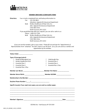 Fillable Online MEMBER GRIEVANCE (COMPLAINT) FORM Directions Fax Email ...