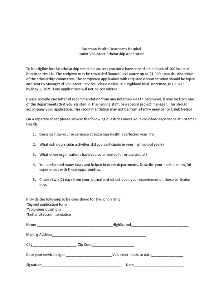 Fillable Online Bozeman Health Deaconess Hospital Junior Volunteer ...